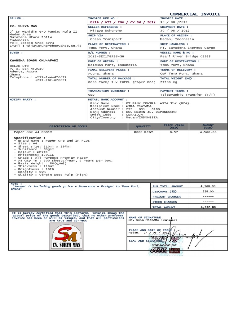 Commercial Invoice for Paper Shipment | PDF | Cargo | Paper