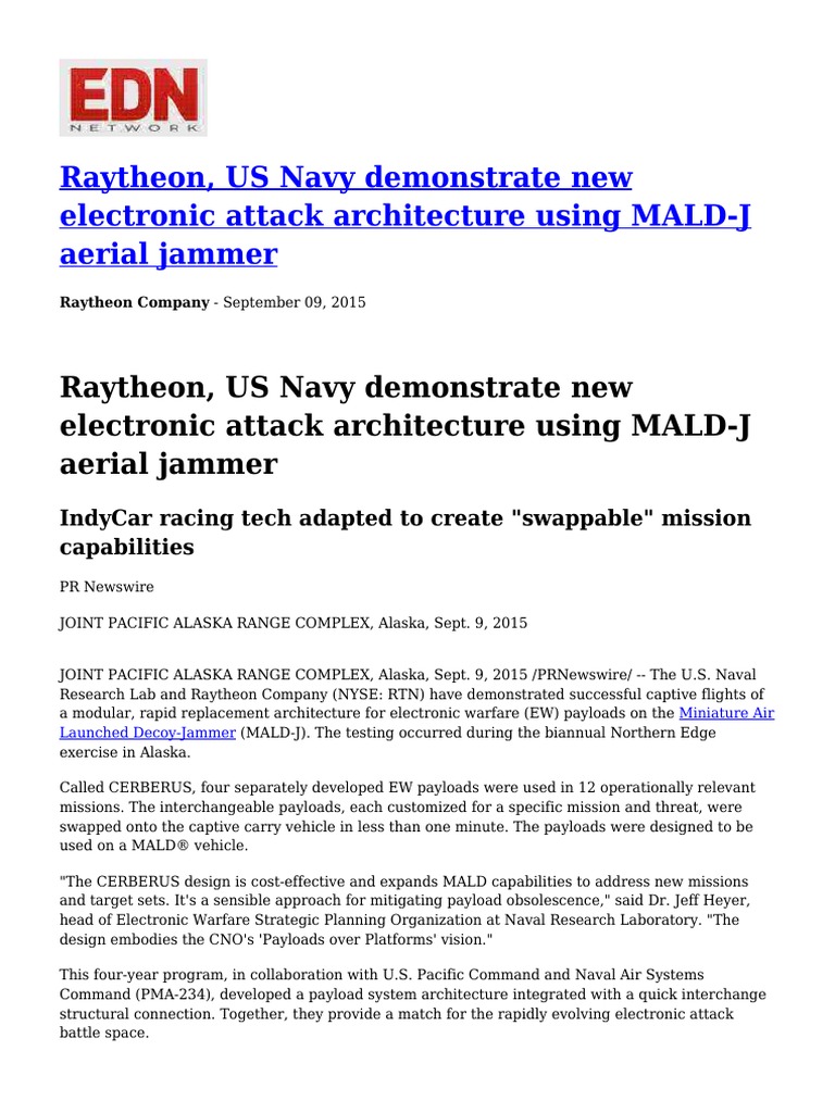 Raytheon, US Navy Demonstrate New Electronic Attack Architecture Using ...