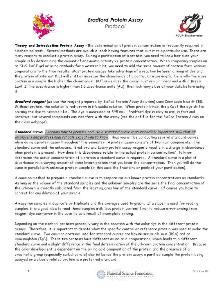Bradford Protein Assay Protocol | PDF | Scientific Techniques | Proteins