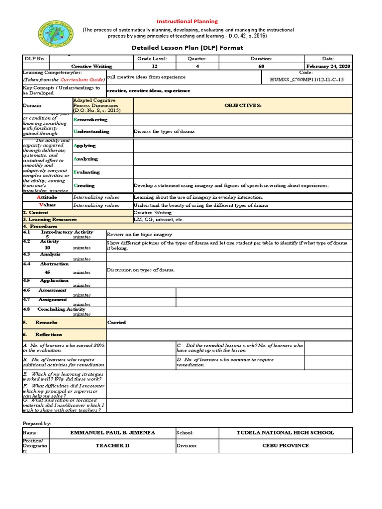 Detailed Lesson Plan (DLP) Format | PDF | Lesson Plan | Pedagogy