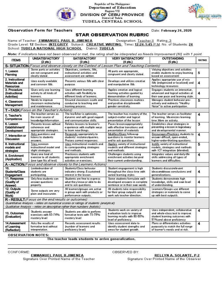 Rubric STAR Observation | PDF | Educational Assessment | Learning