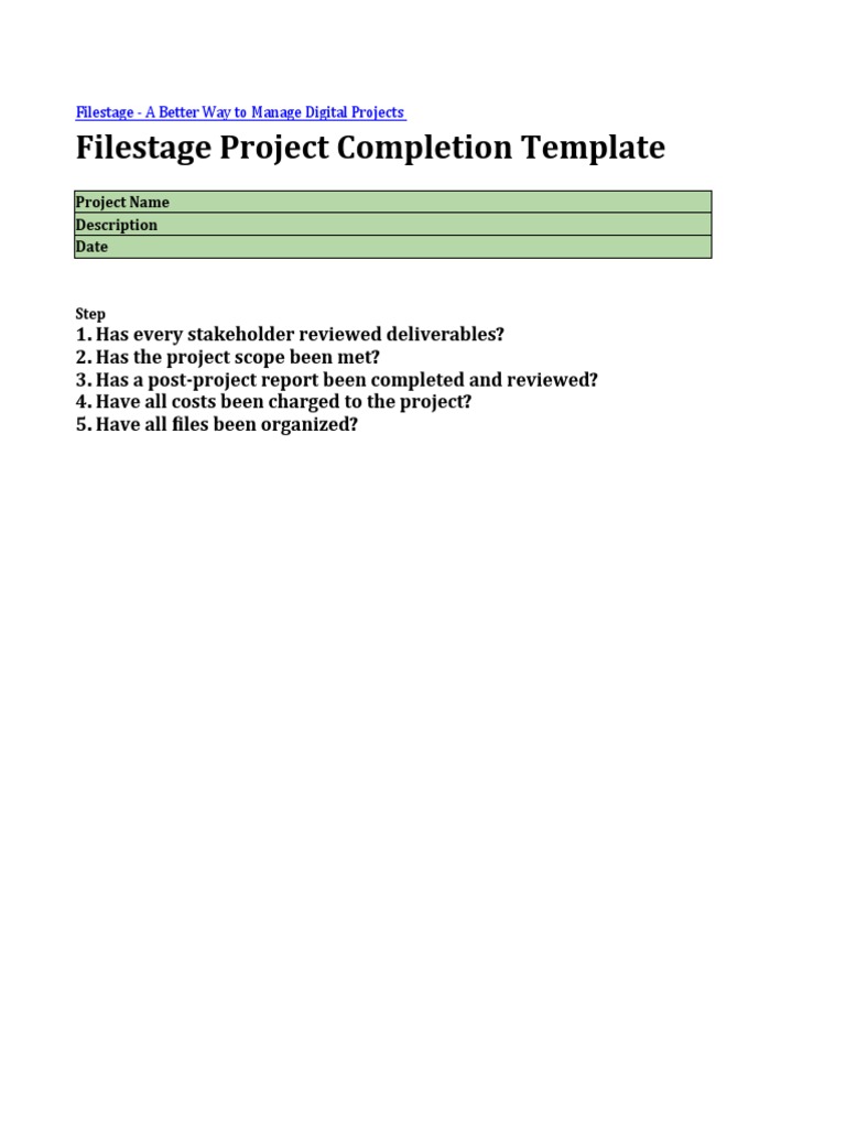Filestage Project Completion Template: Project Name Description Date | PDF