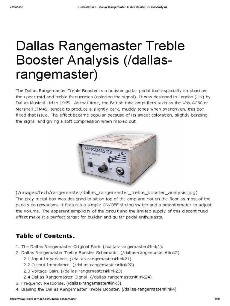 ElectroSmash - Dallas Rangemaster Treble Booster Circuit Analysis | PDF