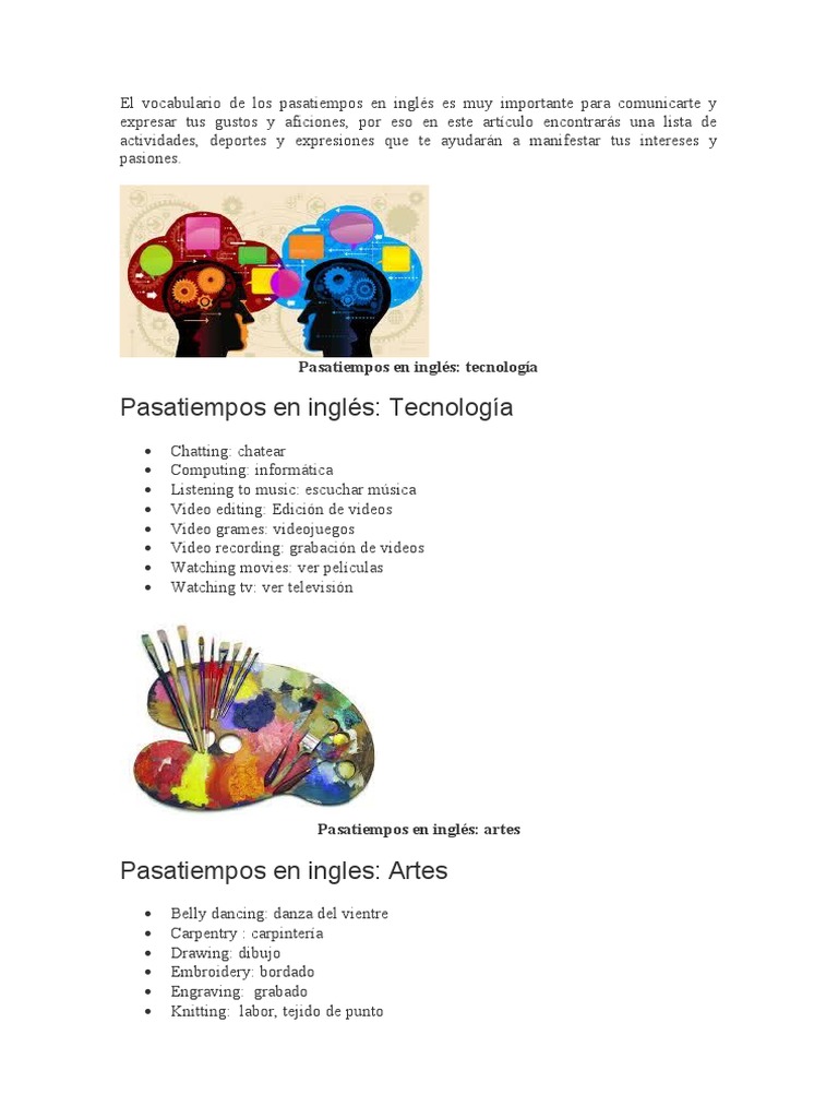 El Vocabulario de Los Pasatiempos en Inglés Es Muy Importante para ...
