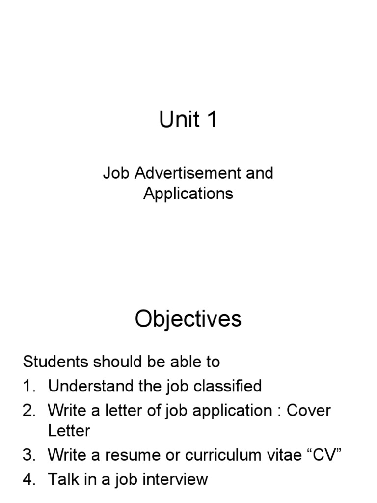 Unit 1 Job Advertisement and Application | PDF | Résumé | Communication