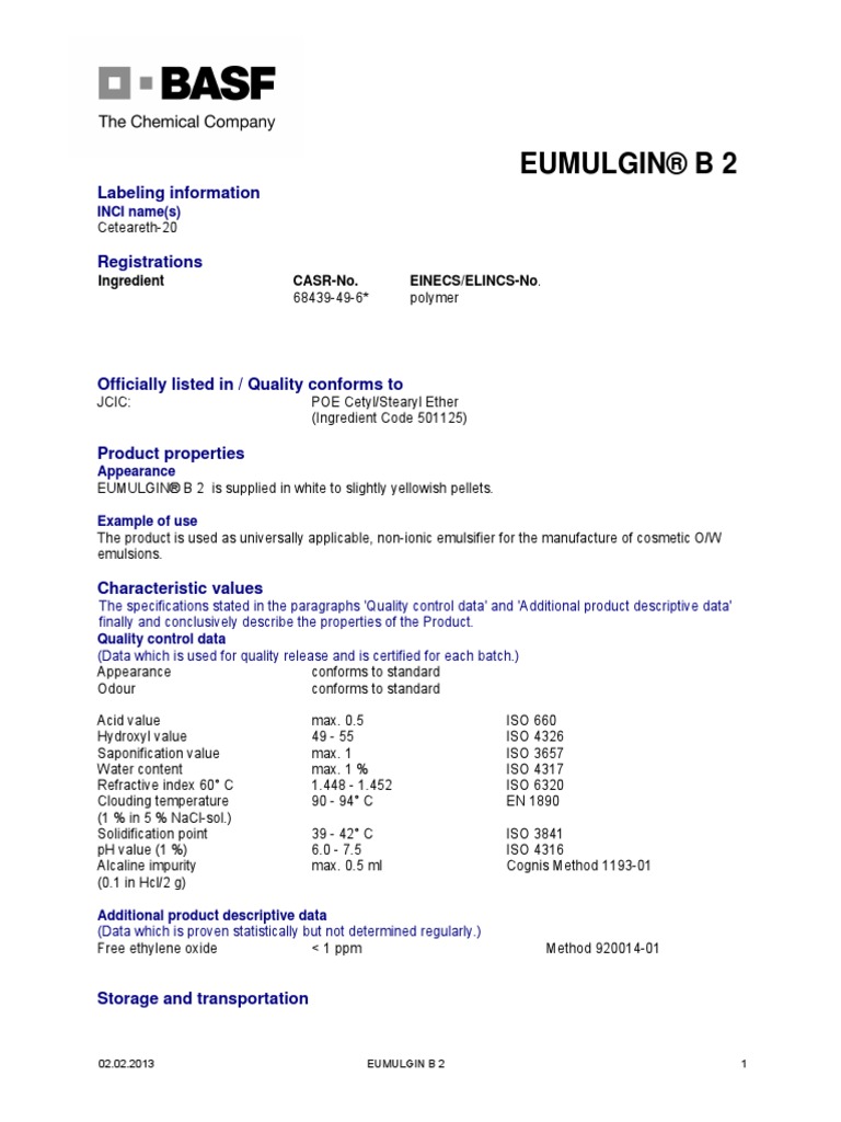 Eumulgin B-2 PDS | PDF | Emulsion | Chemical Substances