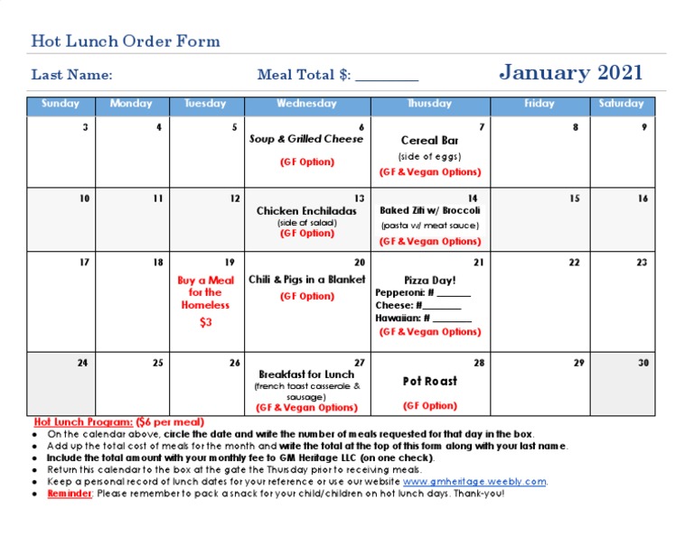 Hot Lunch Calendar-Jan 2021 | PDF | Lunch | Meal
