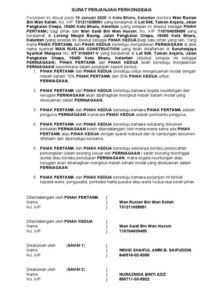 Contoh SURAT PERJANJIAN PERKONGSIAN | PDF