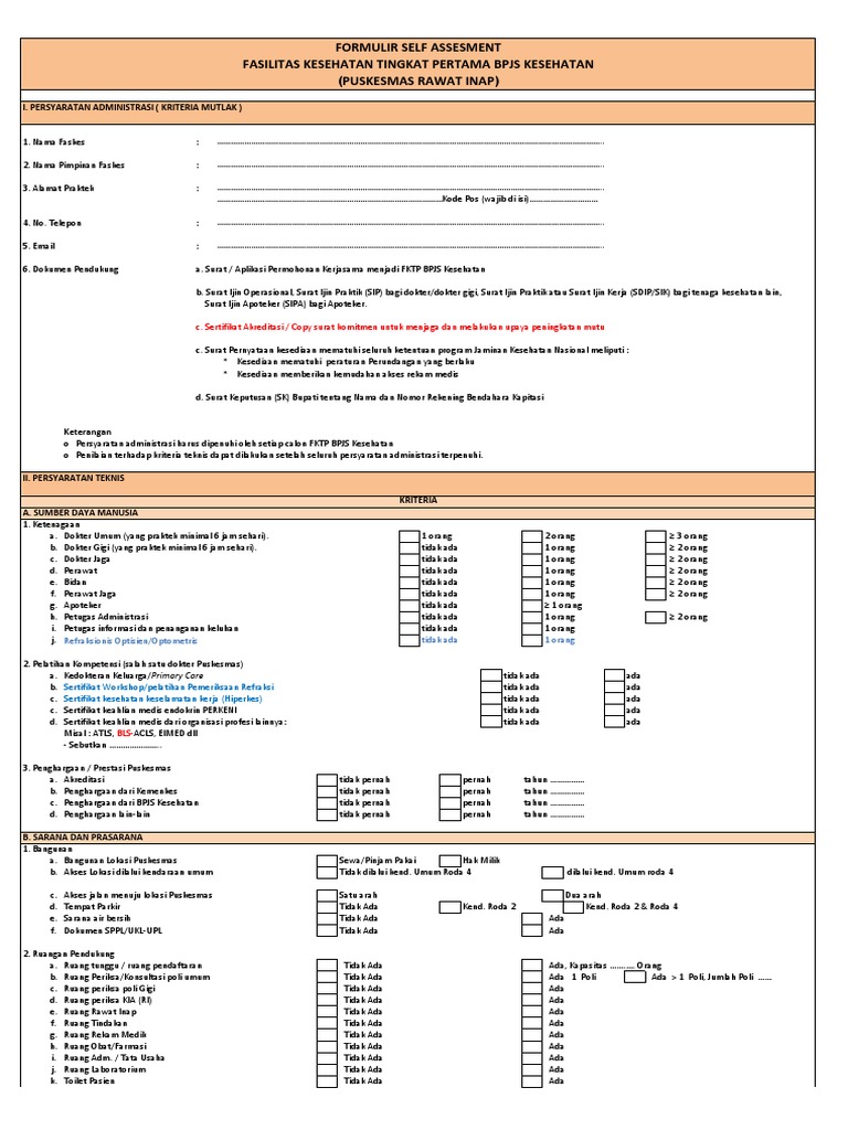 Formulir Self Assesment FKTP Perpanjangan Puskesmas RI | PDF