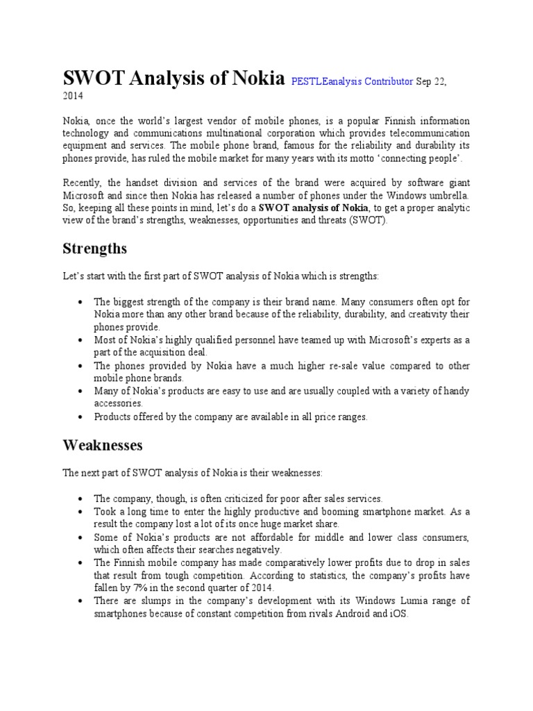 SWOT Analysis of Nokia PESTLEanalysis Contributor Sep 22 | PDF | Nokia ...
