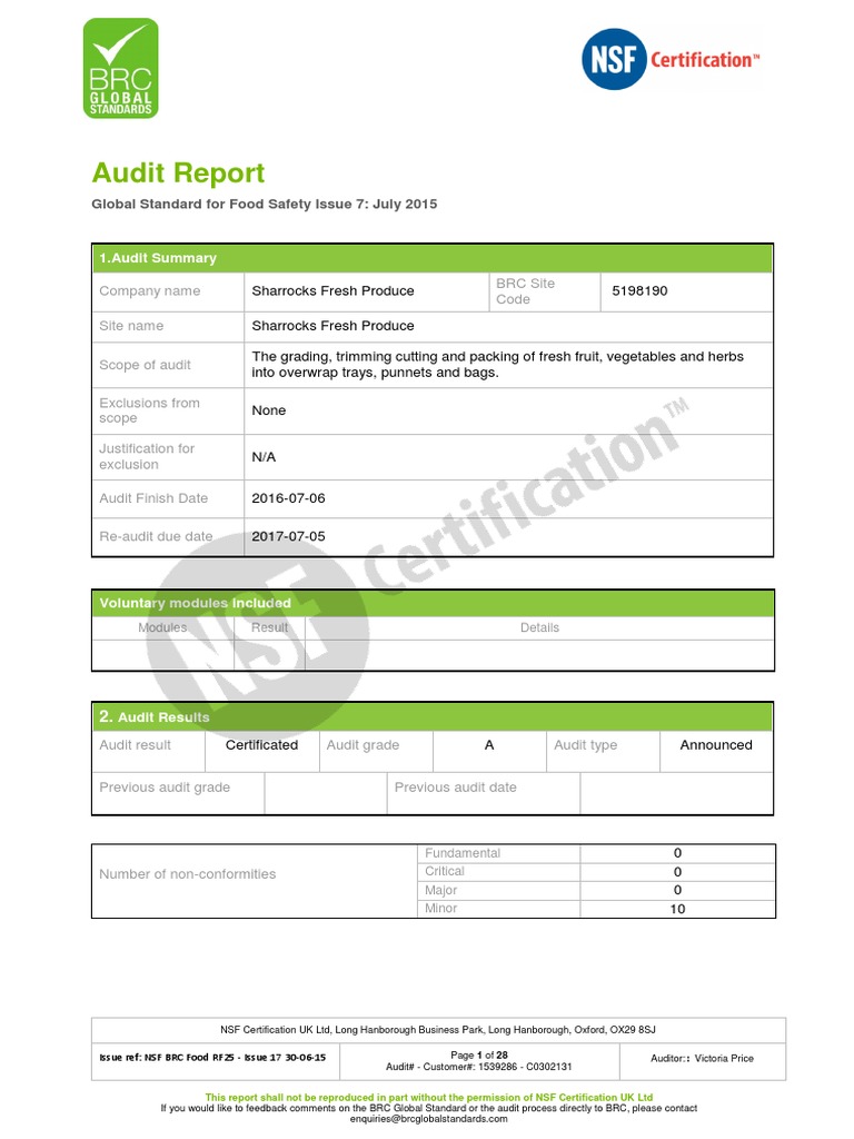 BRC Food Safety Audit Report 2016 | PDF | Food Safety | Audit