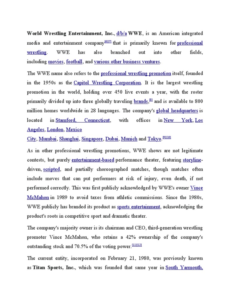 World Wrestling Entertainment, Inc. | PDF | Wwe | American Professional ...