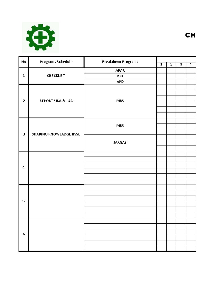 Checklist Schedule: No Programs Schedule Breakdown Programs 1 2 3 4 1 ...