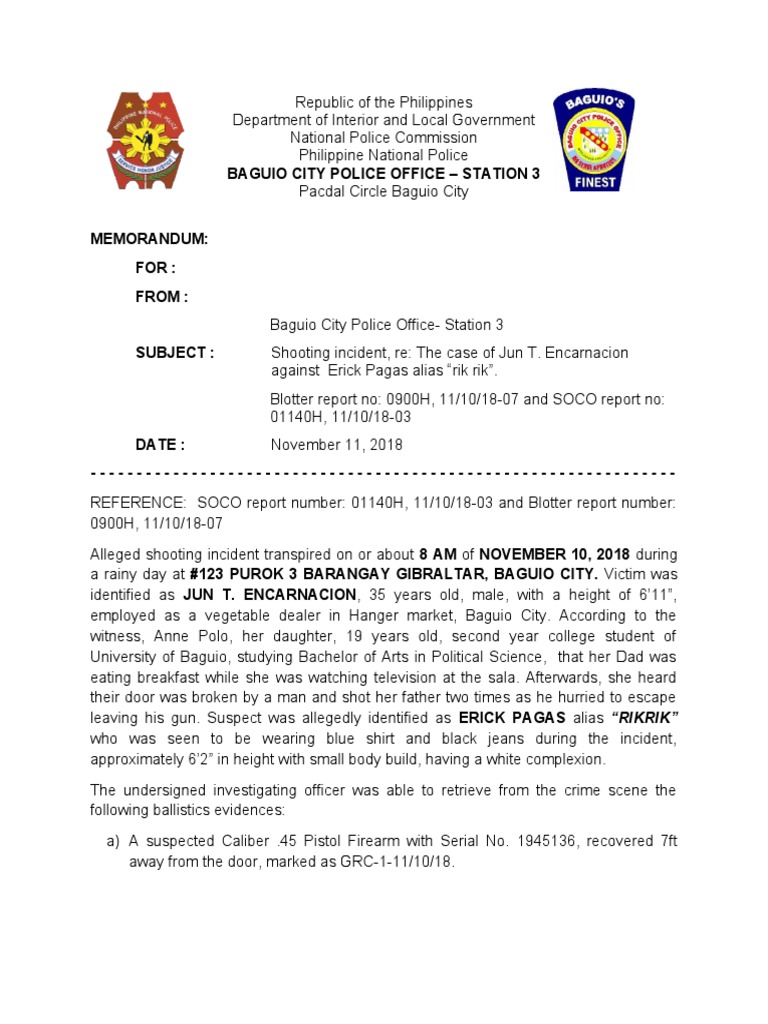 Baguio City Police Shooting Incident Report | PDF | Crime Scene | Law ...