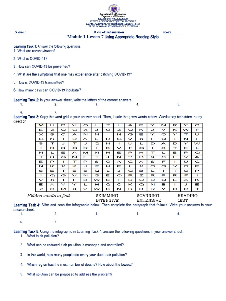 Module 1 Lesson 7 Using Appropriate Reading Style: Learning Task 1: Answer The Following ...