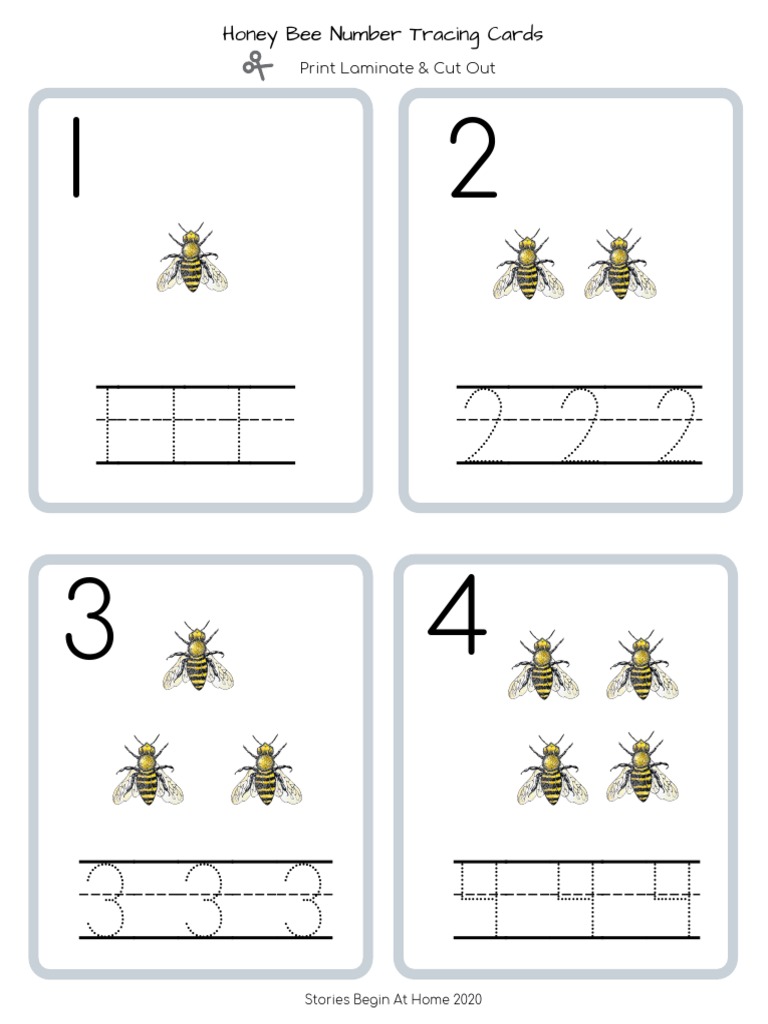 4 Honey Bee Number Tracing Cards | PDF