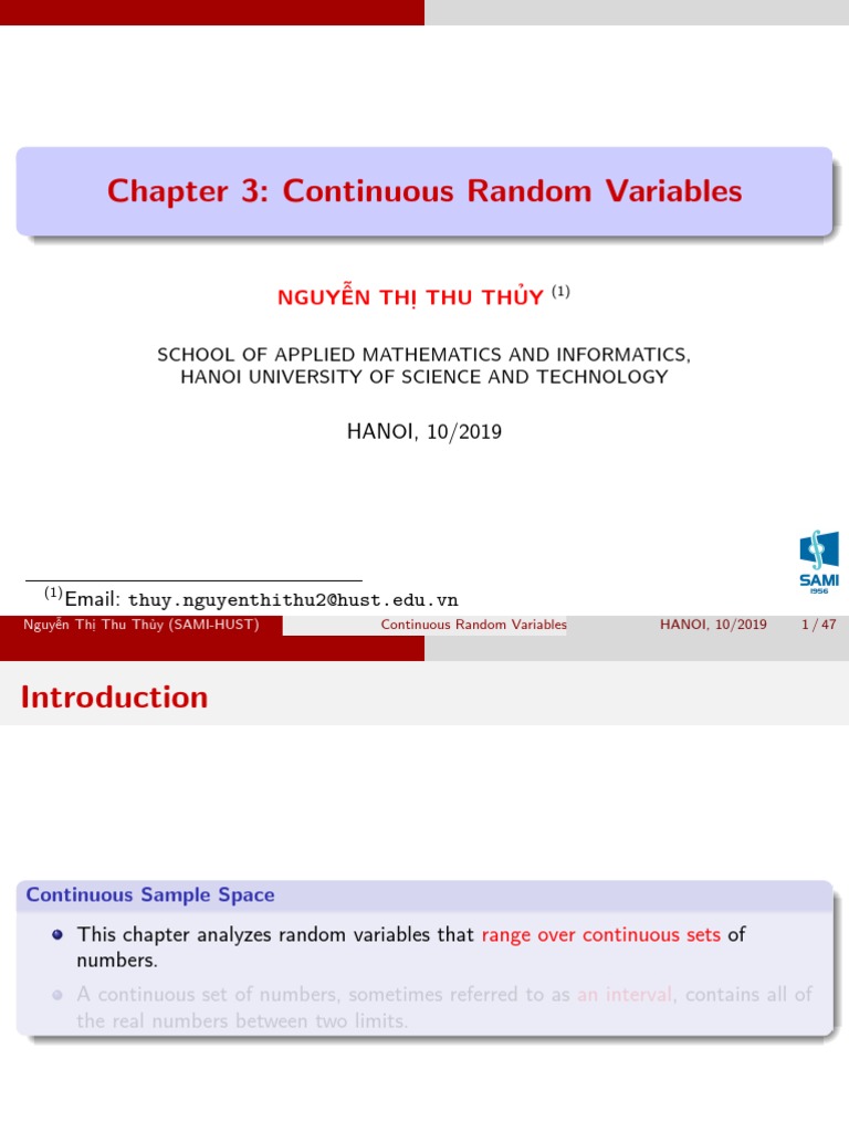 Chapter 3: Continuous Random Variables: Nguyễn Thị Thu Thủy | PDF | Normal Distribution ...