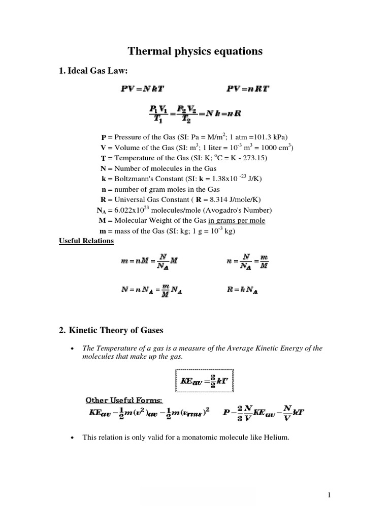 Thermal Physics Equations: 1. Ideal Gas Law | PDF | Heat | Heat Capacity