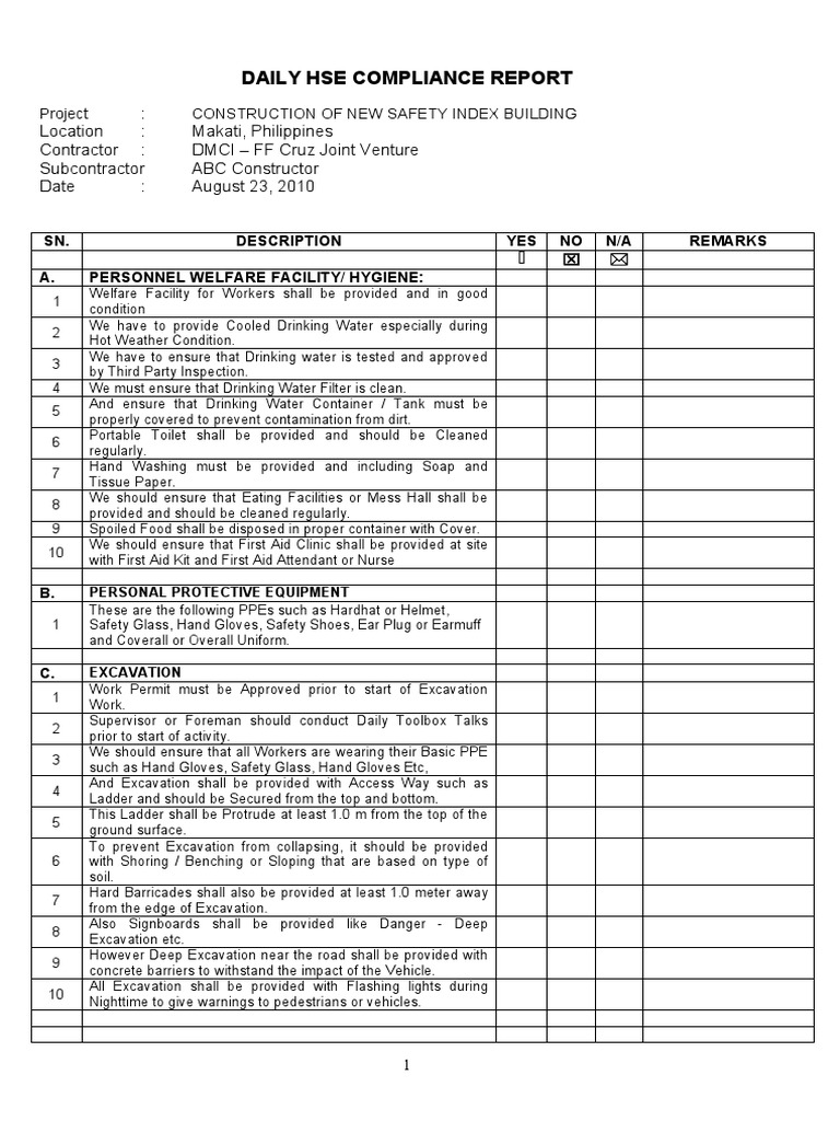 Daily Safety Compliance Report For Interview | PDF | Equipment ...