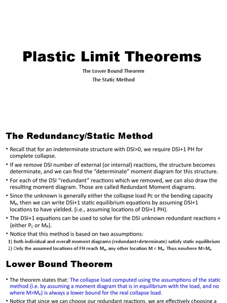 Plastic Limit Theorems: The Lower Bound Theorem The Static Method | PDF | Bending | Theorem