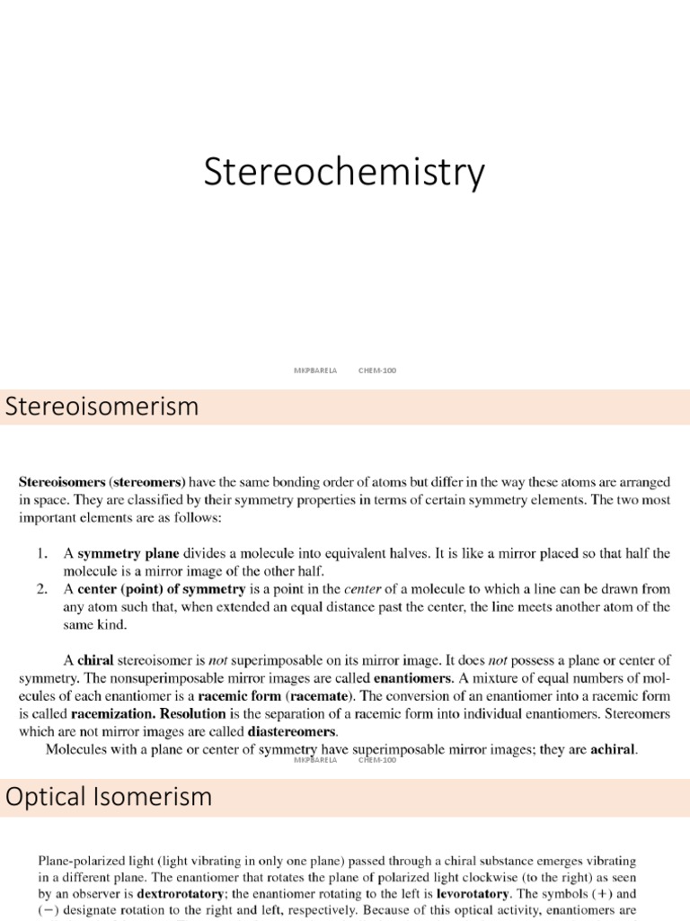 Stereochemistry: Mkpbarela Chem-100 | PDF | Chirality (Chemistry ...