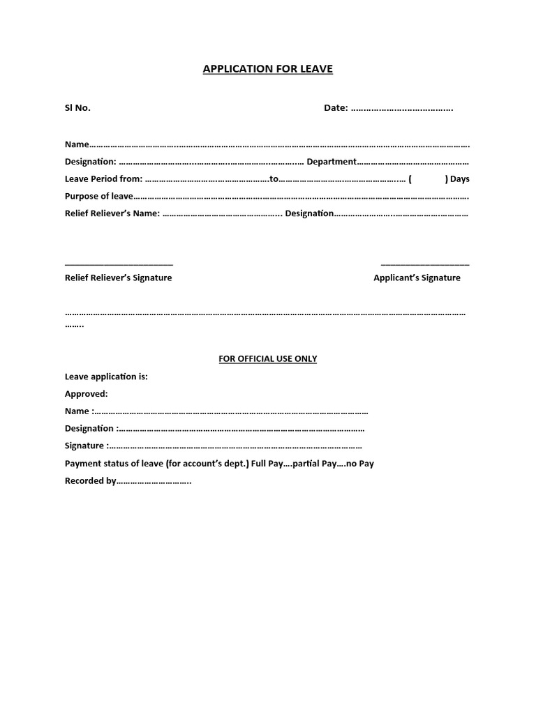 Application For Leave: SL No. Date: . | PDF