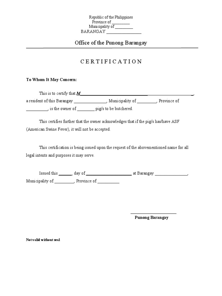 Barangay Pig Butchering Certification | PDF
