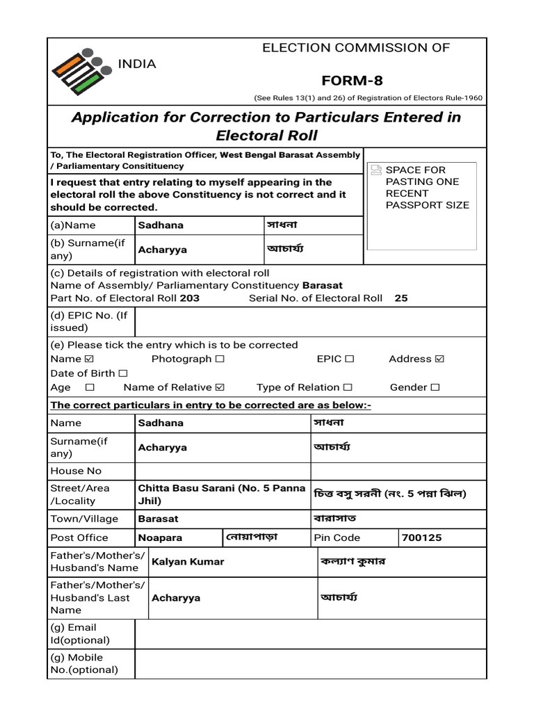 Application For Correction To Particulars Entered in Electoral Roll ...