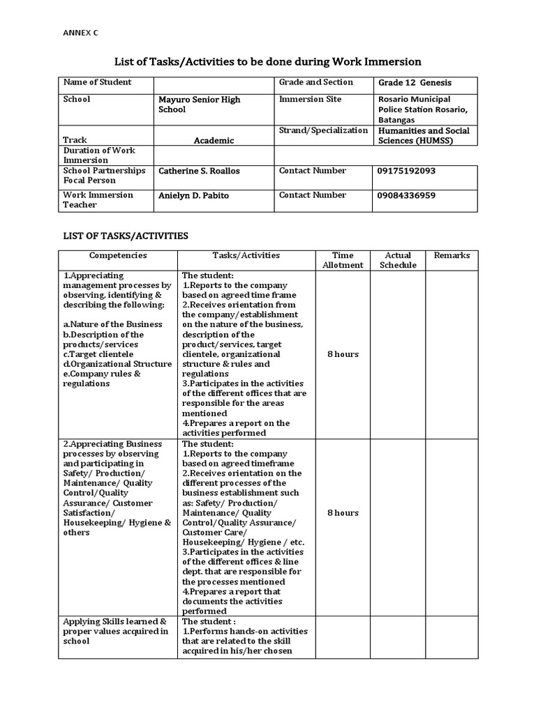 List of Tasks/Activities To Be Done During Work Immersion | PDF ...
