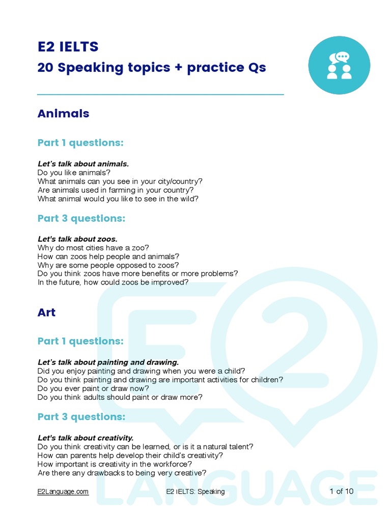 E2 IELTS - 20 Speaking Topics | PDF | Traditions | Tourism