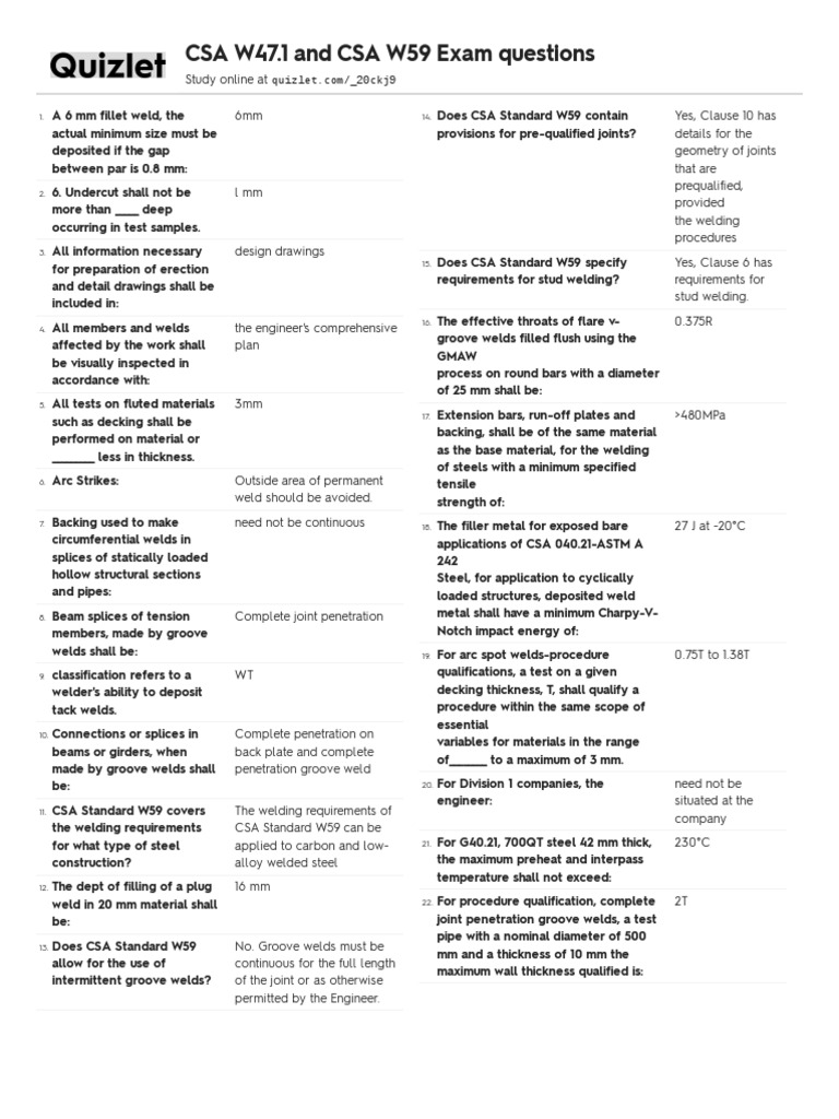 CSA W47.1 and CSA W59 Exam questions study guide | PDF | Welding ...