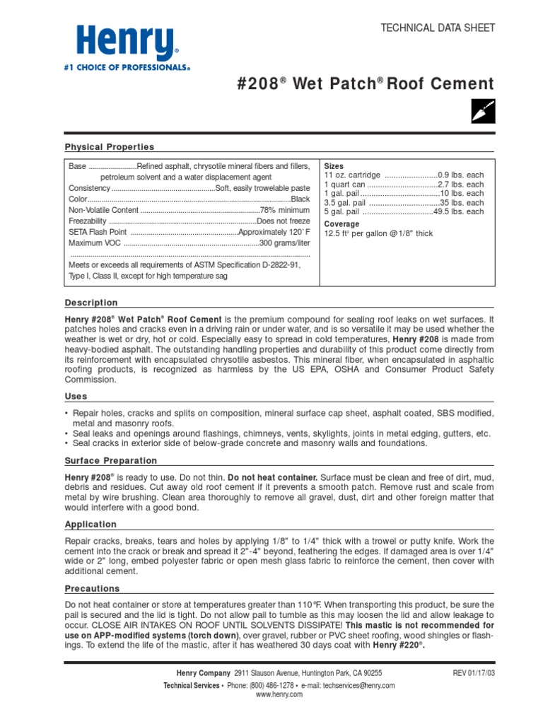 #208 Wet Patch Roof Cement: Technical Data Sheet | PDF | Roof | Solvent