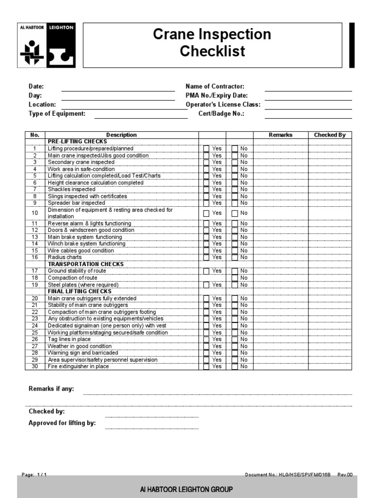 HLG HSE SPI FM 016B r00 Crane Inspection Checklist | PDF | Crane ...