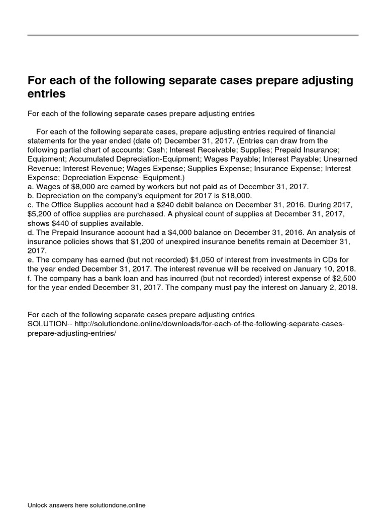 For Each of The Following Separate Cases Prepare Adjusting Entries | PDF