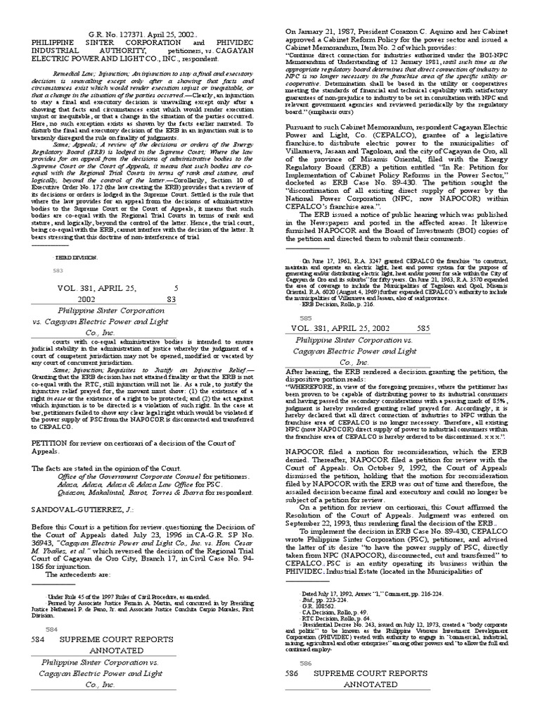 Philippine Sinter Corp. vs. CEPALCO Case Summary | PDF | Supreme Courts ...