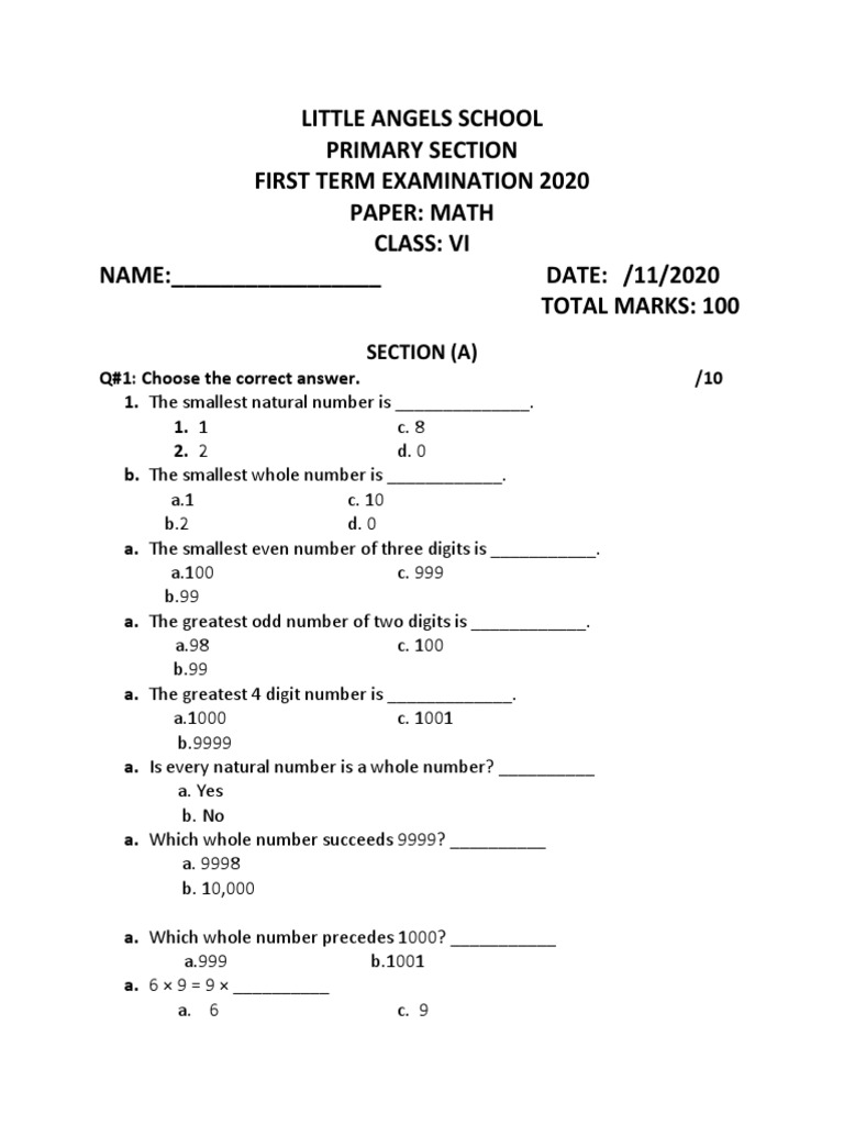 Little Angels School Class VI Math Exam | PDF | Abstract Algebra ...