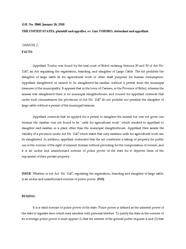 US vs. Toribio - G.R. No. 5060 - January 26, 1910 | PDF | Animal ...