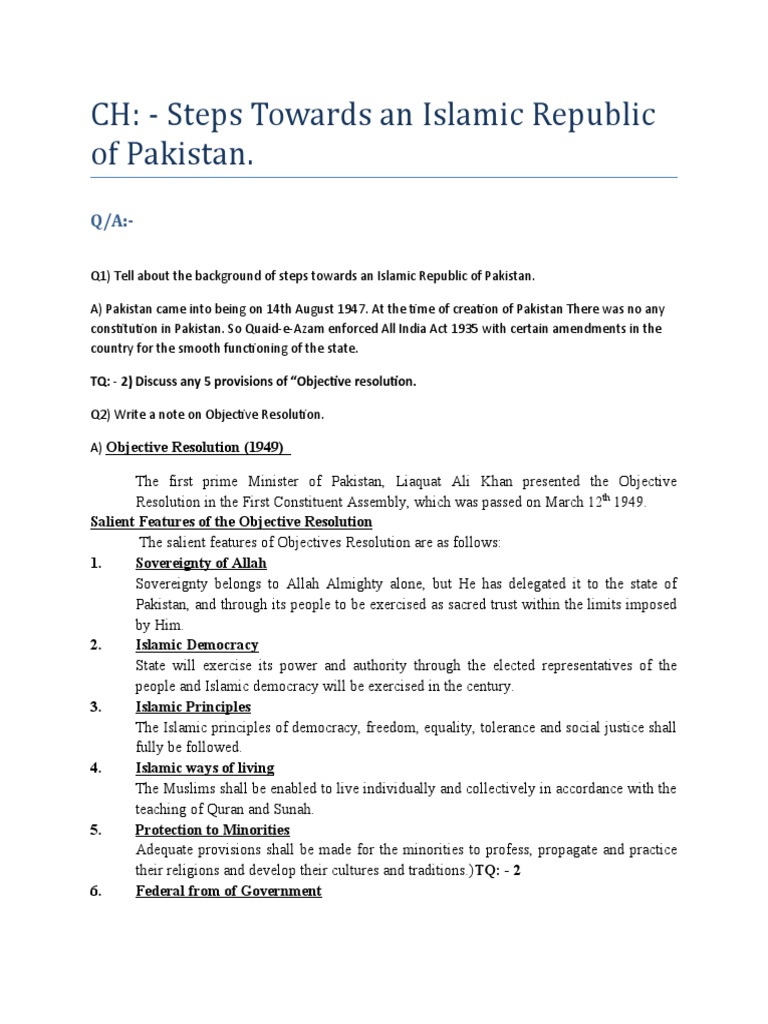 CH: - Steps Towards An Islamic Republic of Pakistan.: Objective ...