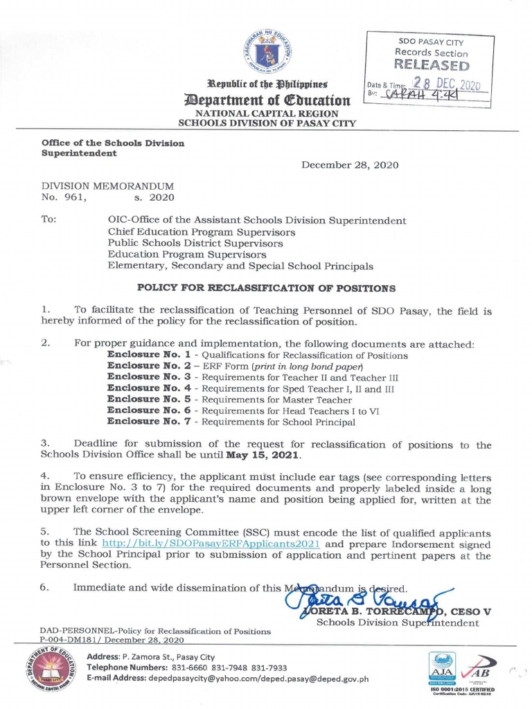 Division Memorandum No. 961 s.2020 - Policy For Reclassication of ...