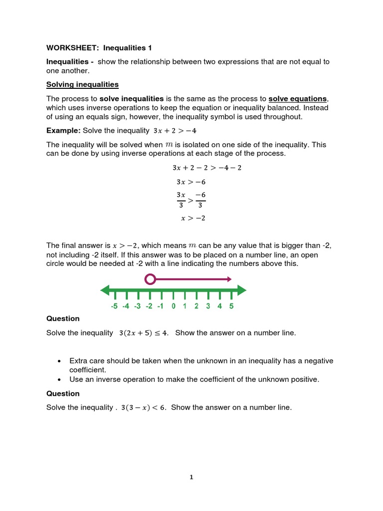 WORKSHEET: Inequalities 1 Inequalities - Show The Relationship Between ...