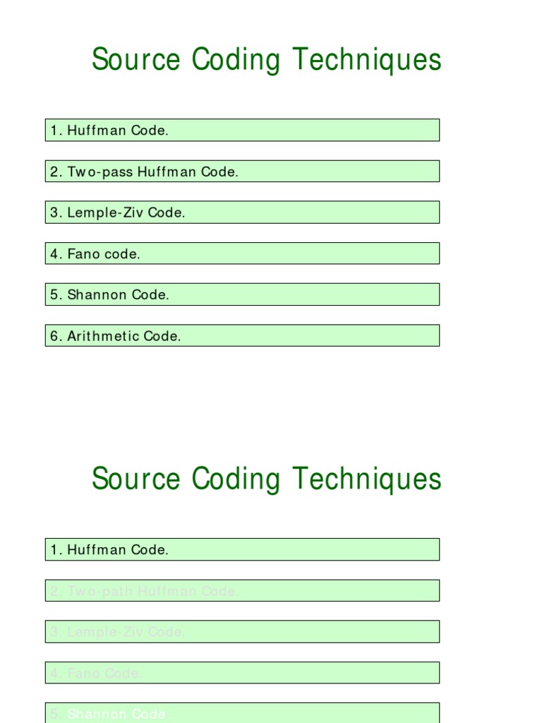 Source Coding Techniques: 1. Huffman Code. 2. Two-Pass Huffman Code. 3. Lemple-Ziv Code | PDF ...