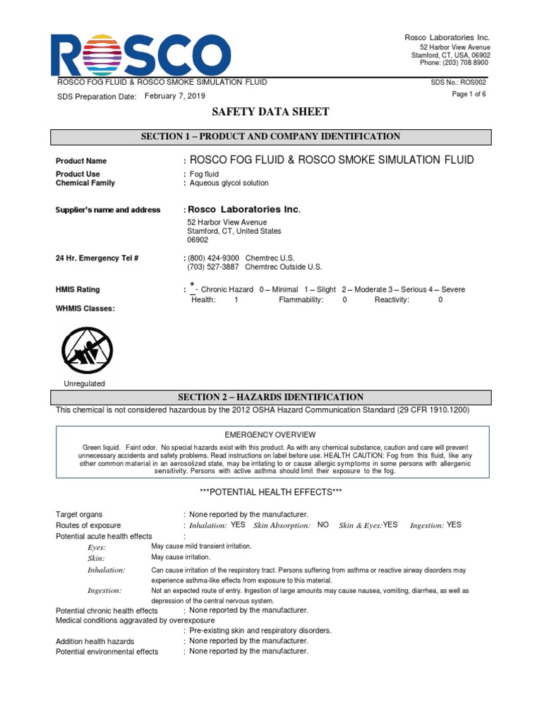 Safety Data Sheet: Rosco Fog Fluid & Rosco Smoke Simulation Fluid | PDF | Volatile Organic ...
