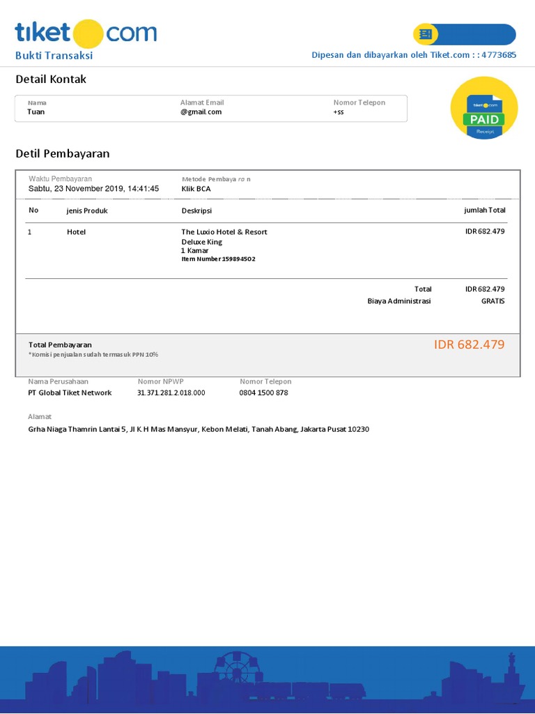 Bukti Pembayaran Hotel Tiket.com | PDF