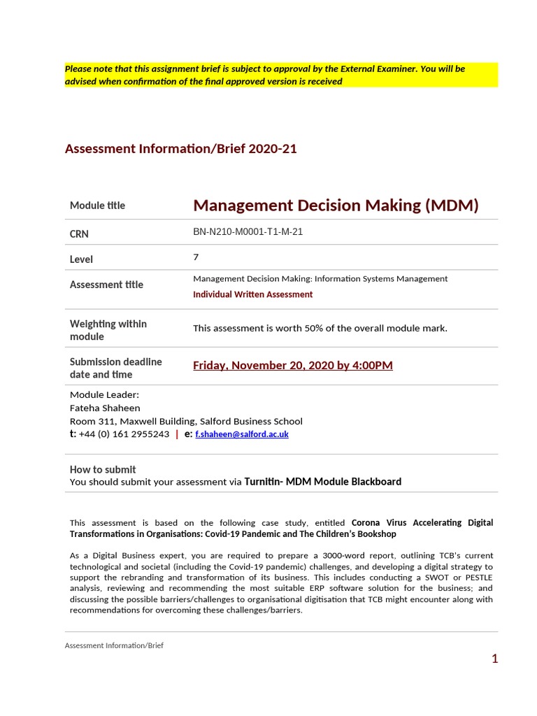 Management Decision Making Assessment 2 Brief Form 2020-21 PDF | PDF ...