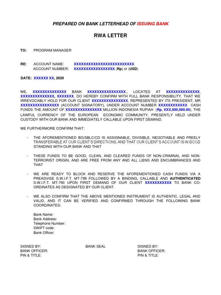 Rwa Letter: Prepared On Bank Letterhead of | PDF
