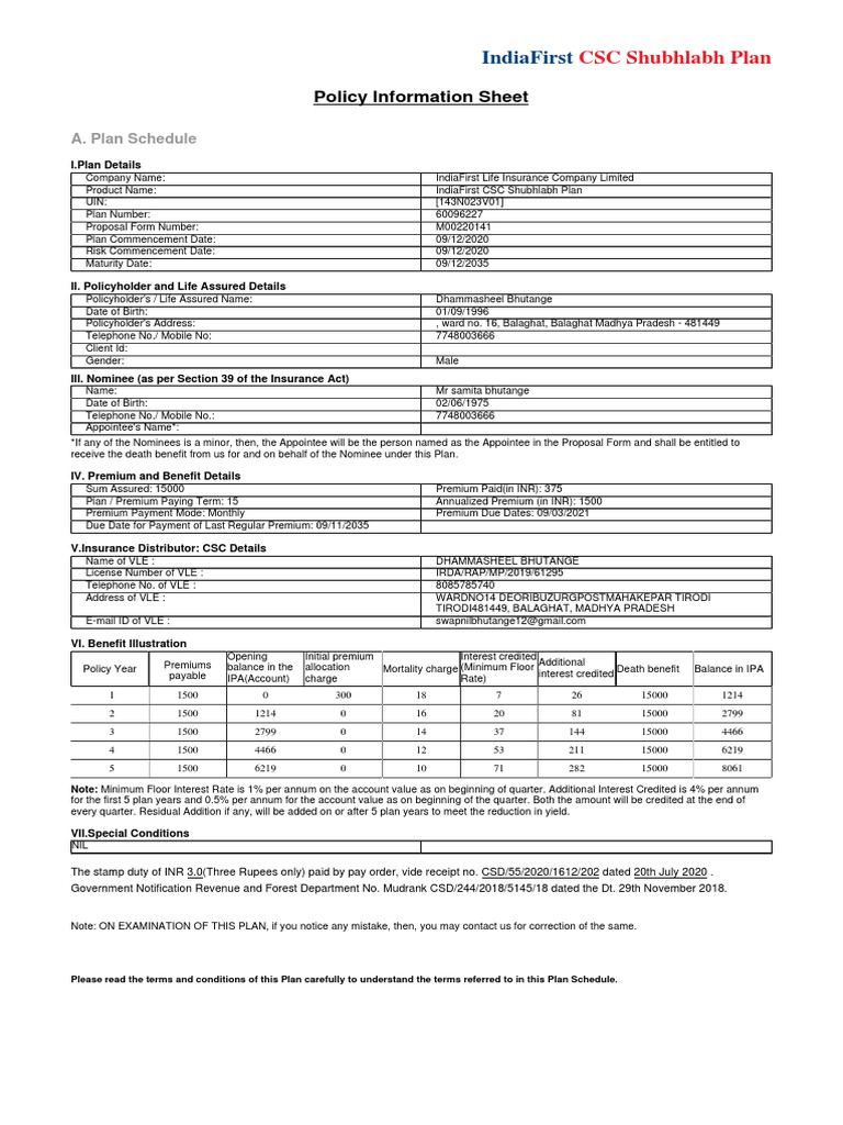 Indiafirst: Policy Information Sheet | PDF | Life Insurance | Insurance