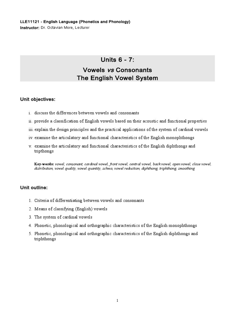 Units 6 - 7: Vowels Vs Consonants The English Vowel System | PDF ...