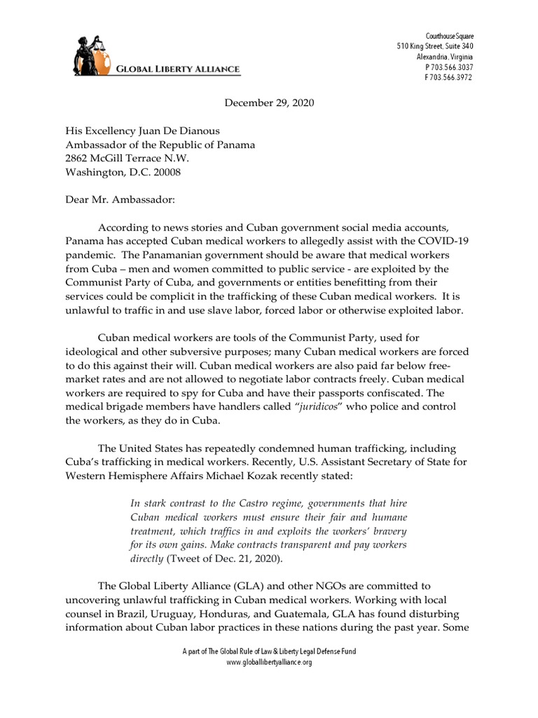 2020-12 GLA Letter To Panama's Ambassador To Washington DC On Cuban ...