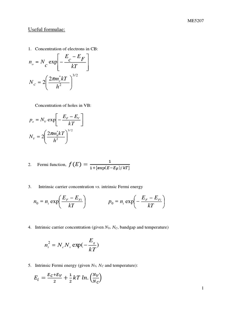 Semiconductor Carrier Concentration Formulas | PDF | P–N Junction ...