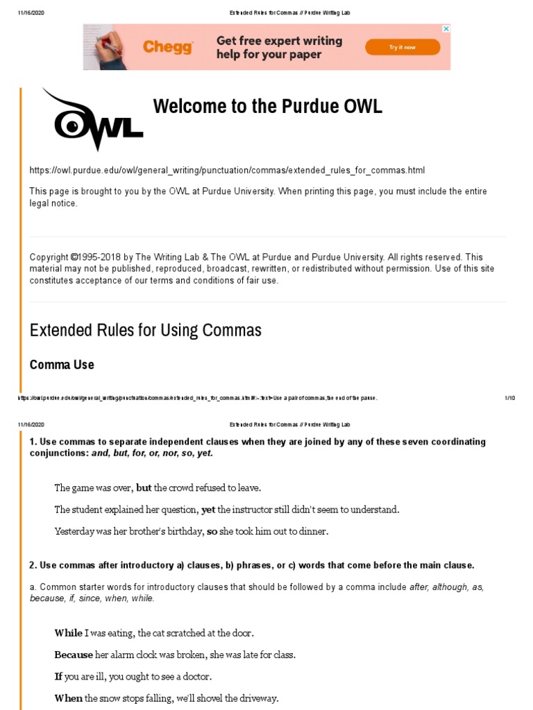 Extended Rules For Commas - Purdue Writing Lab | PDF